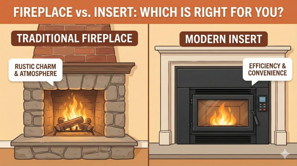 Fireplace vs Insert: Compare Heat Output and Efficiency